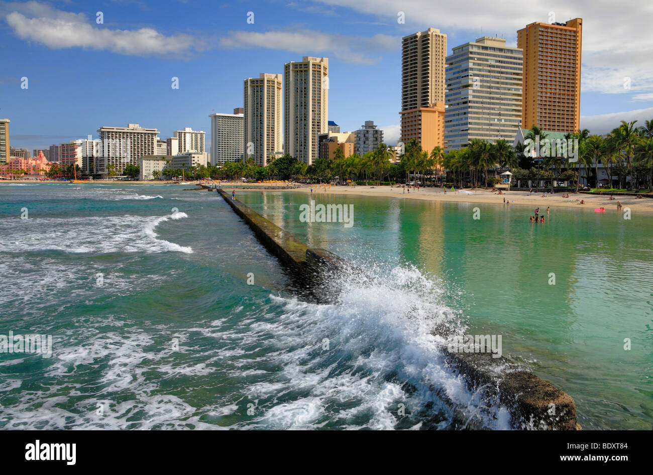 Waikiki beach waterfront as seen from Kapahulu Groin breakwater-Waikiki ...