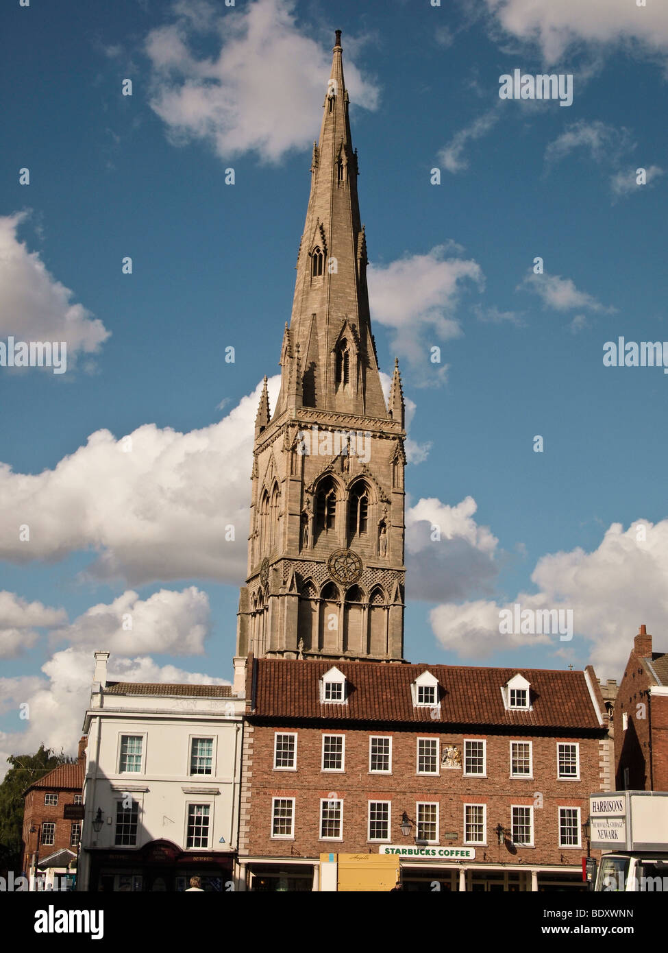 Spire of Parish church seen from Market Square Newark-on-Trent, UK ...