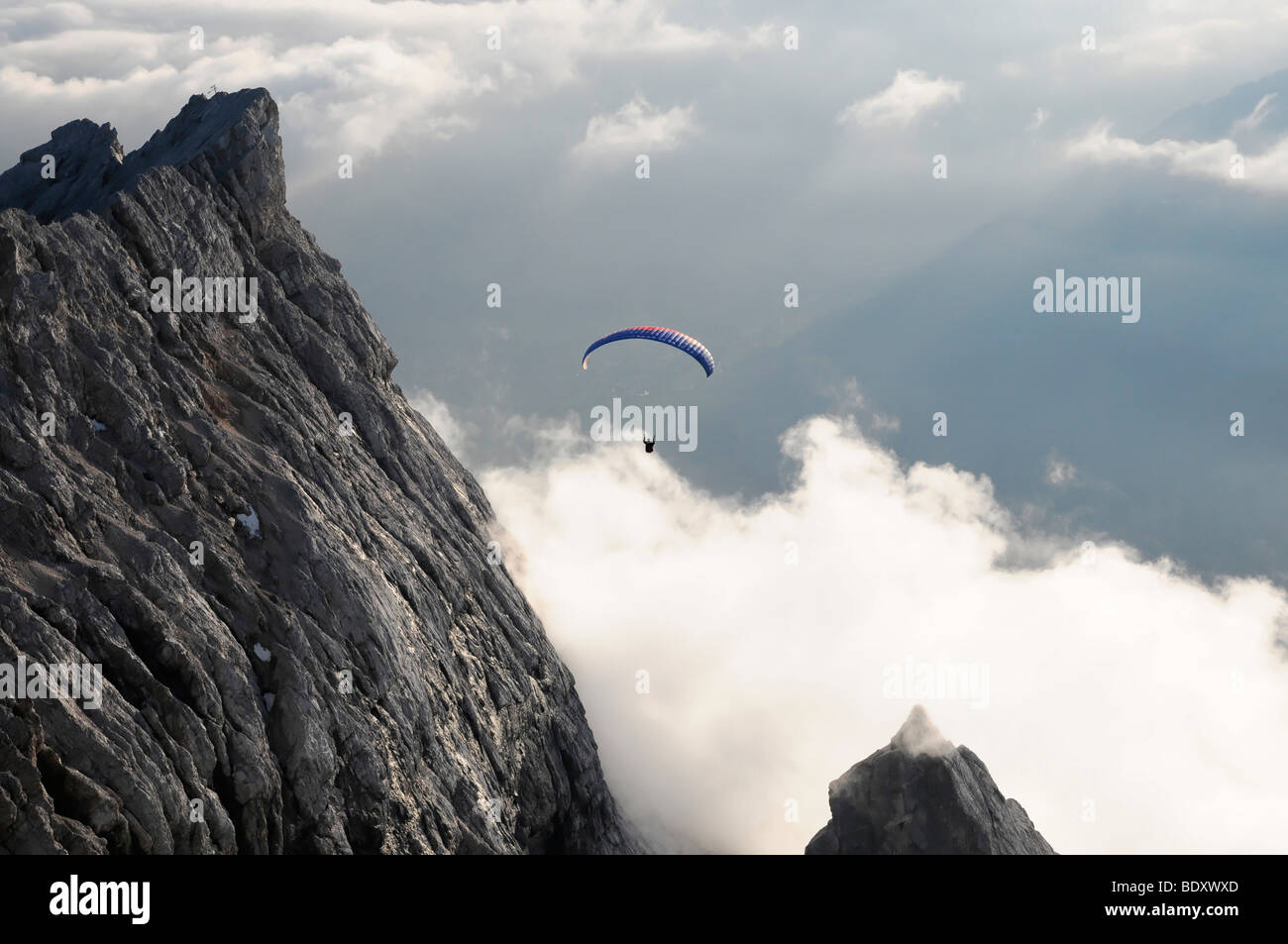 Paragliding at the summit of Mt. Zugspitze, 2962 m, highest mountain in ...