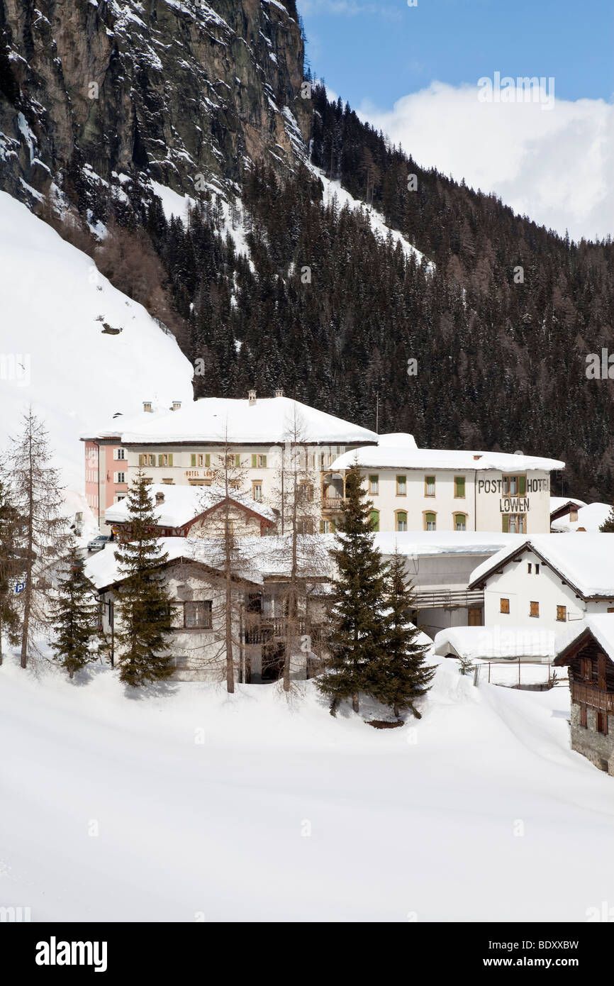 Winter snow in the village of Mulegns near St. Moritz, Graubunden ...