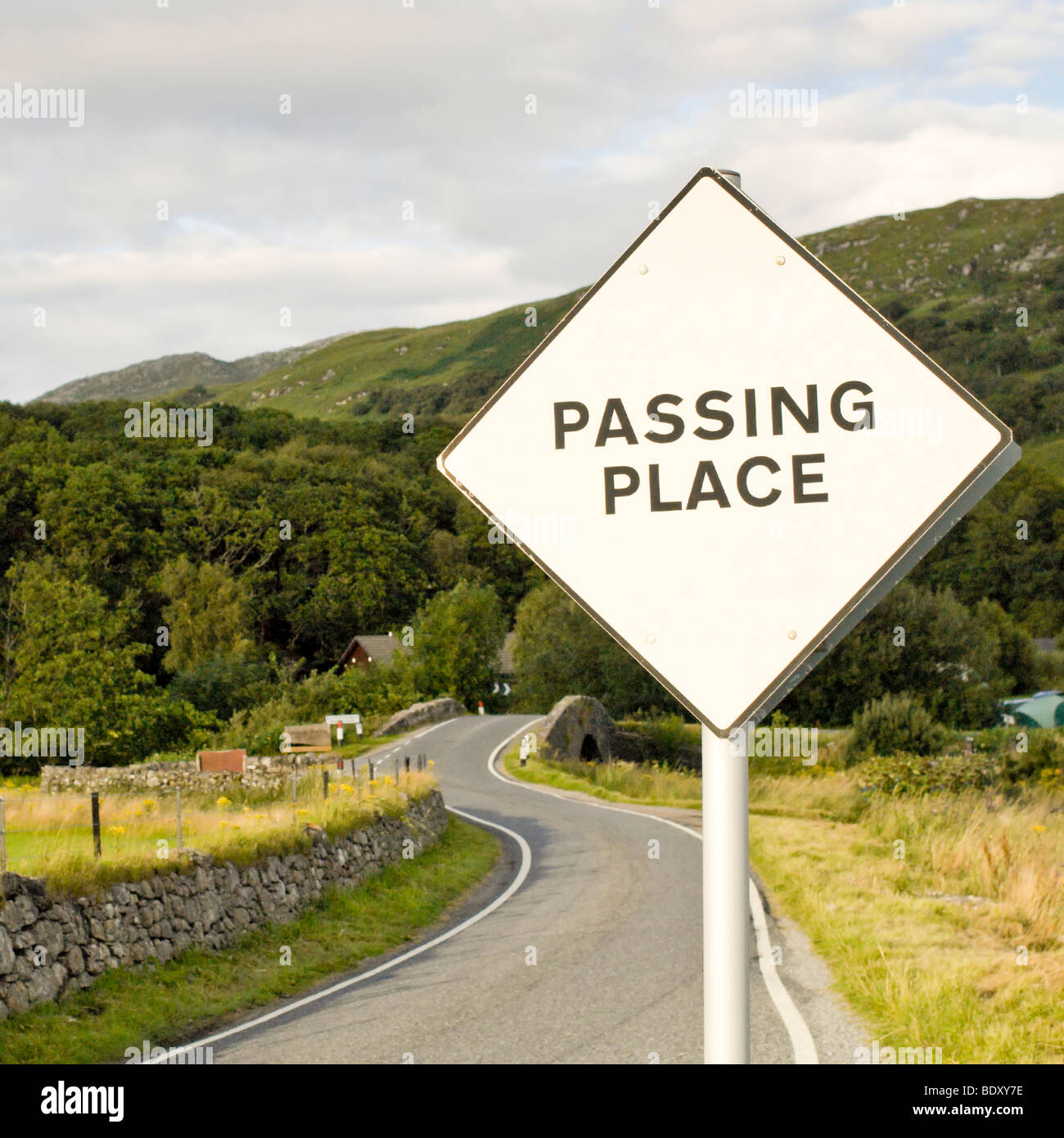 Passing Place sign by roadside. Ardnamurchan, West Coast of Scotland ...
