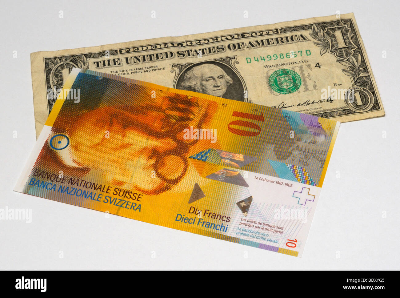 United States of America One Dollar Bill and Swiss Ten Franc Bank Note ...