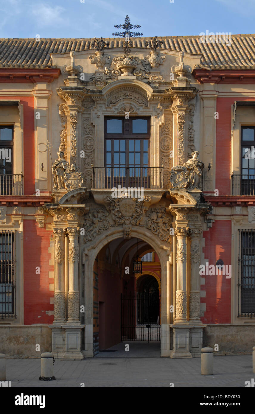 A splendid facade, illuminated by warm evening light, Seville, Spain ...
