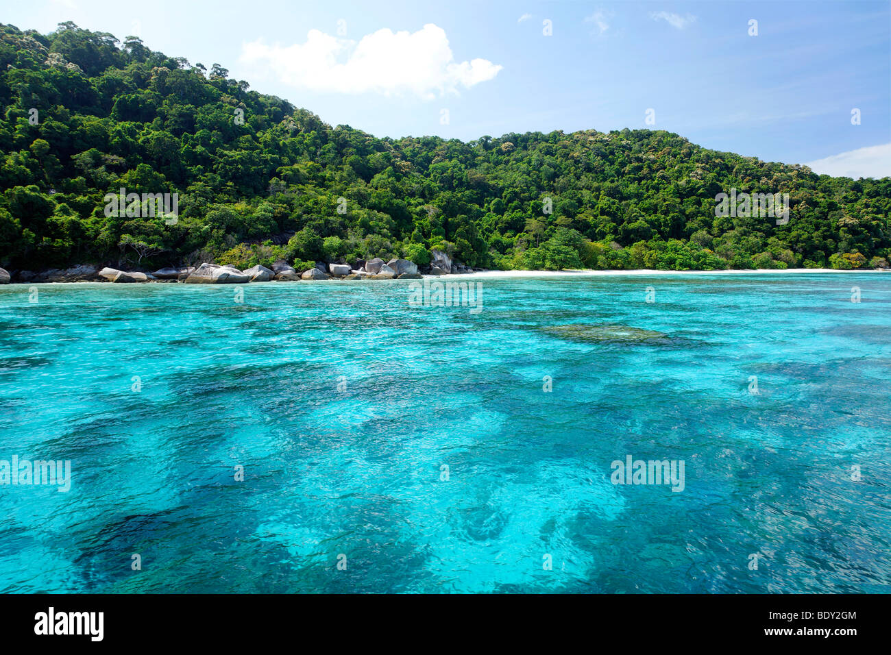 Blue lagoon with coral blocks in front of green island scenery, clear ...