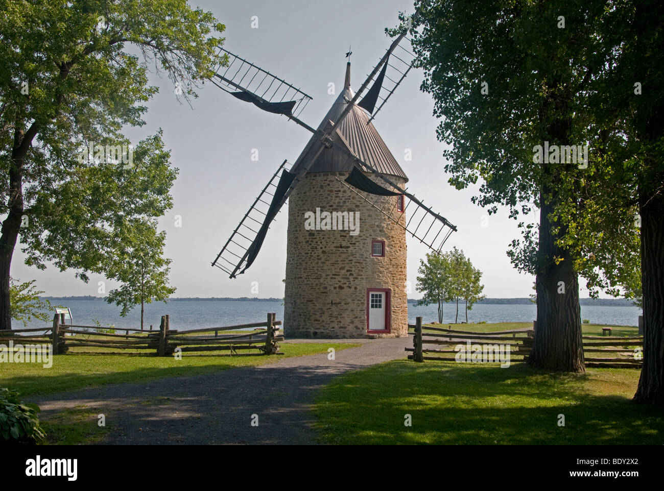 A view of an historical windmill at Windmill Point, Ile Perrot, with ...