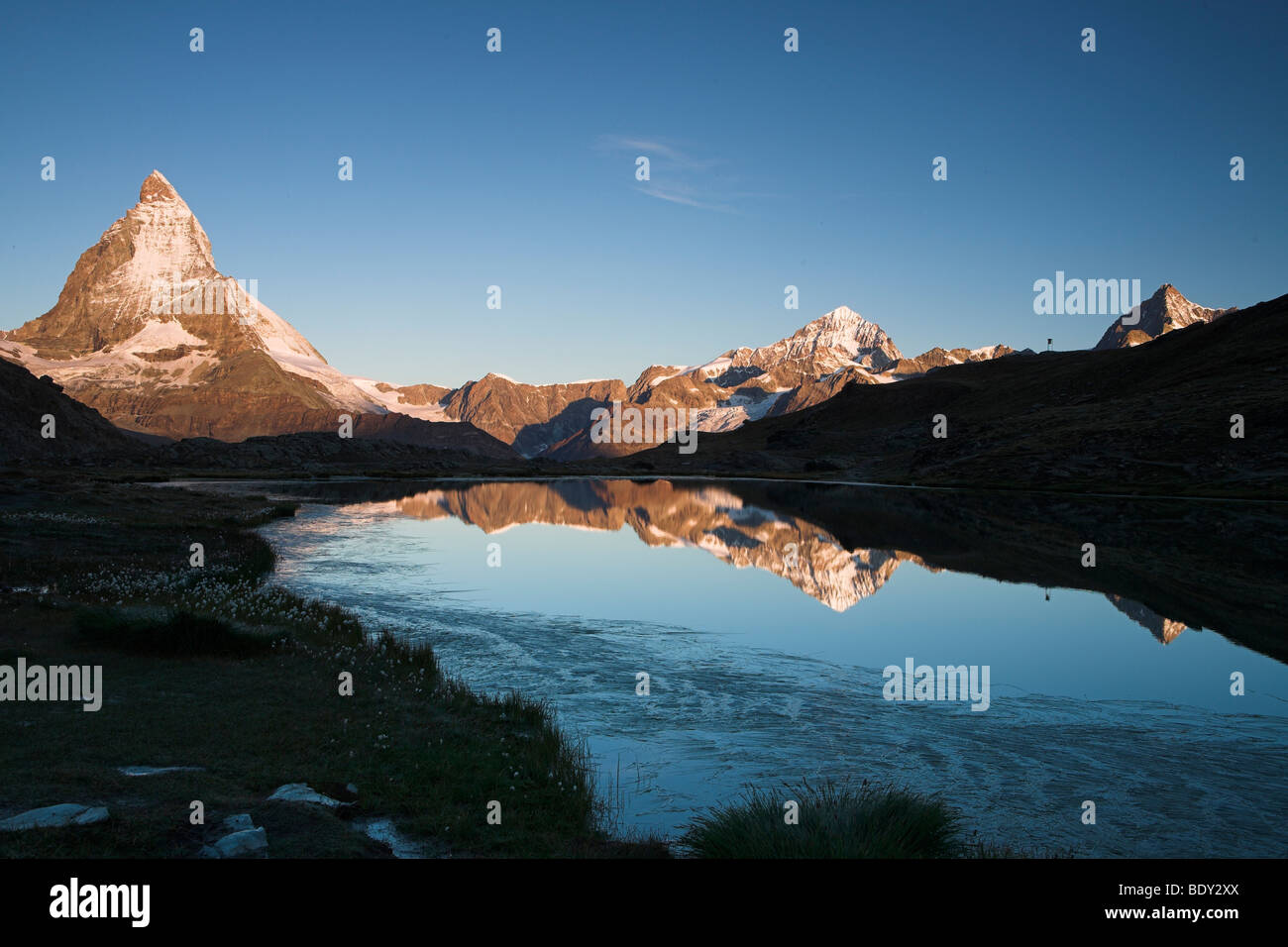 Reflection of Mt. Matterhorn in the Riffelsee lake, Valais, Switzerland ...