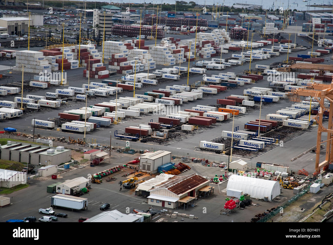 Aerial view of containerized cargo and handling area on Sand Island in ...