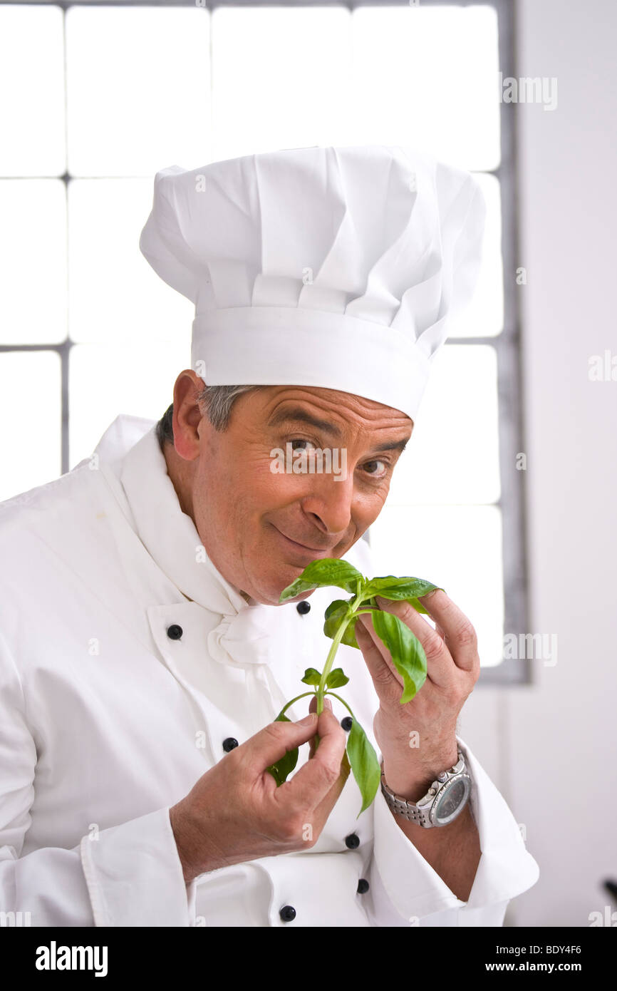 Chef wearing a chef's hat smelling a sprig of basil Stock Photo - Alamy