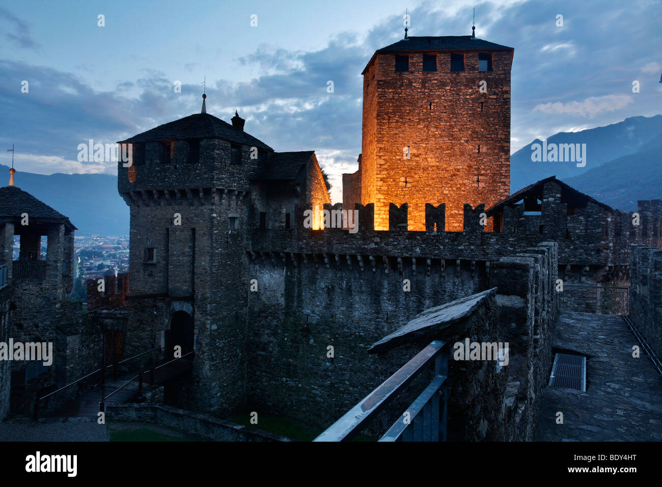 Unesco World Heritage Castles of Bellinzona, Montebello Castle at dusk ...