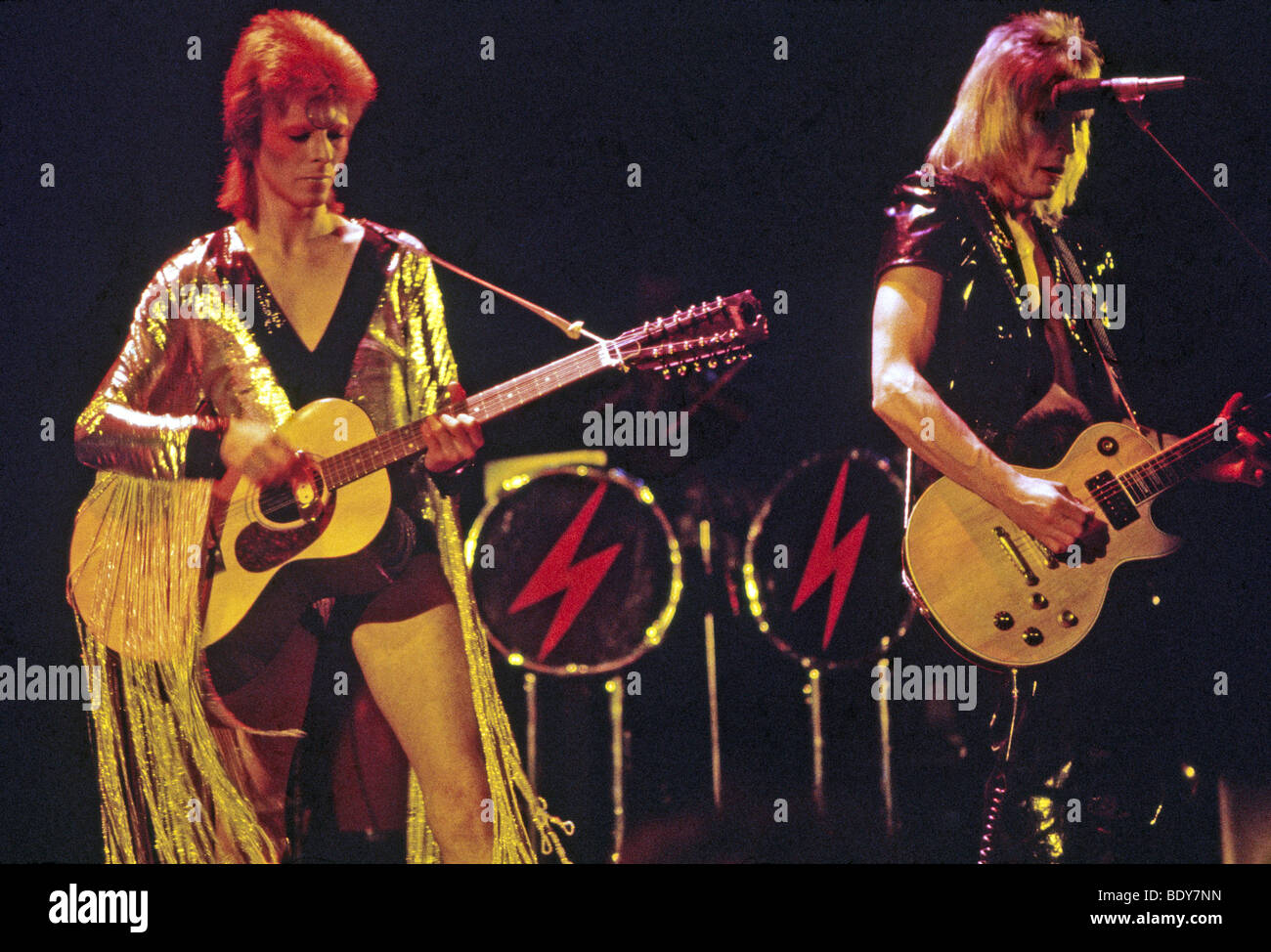 DAVID BOWIE as Ziggy Stardust with Mick Ronson at right in 1972 Stock ...