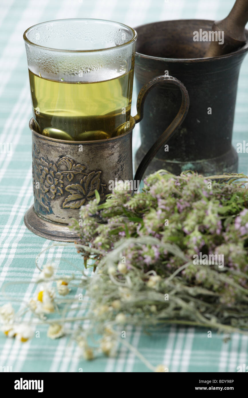 Herbs, fresh herbal tea, mortar and pestle Stock Photo - Alamy
