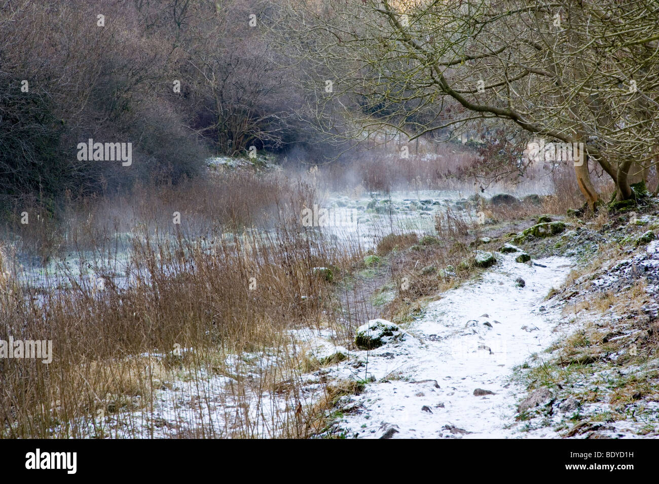 The River Lathkill at Lathkill Dale in Derbyshire on a cold frosty ...