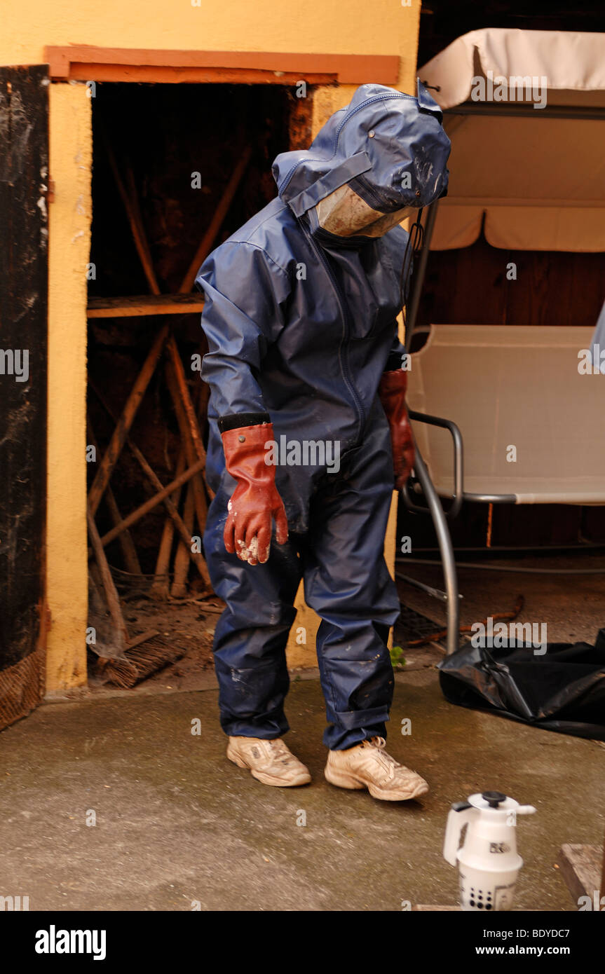 Firefighter in a protective suit against hornets, Illhaeusern, Alsace ...