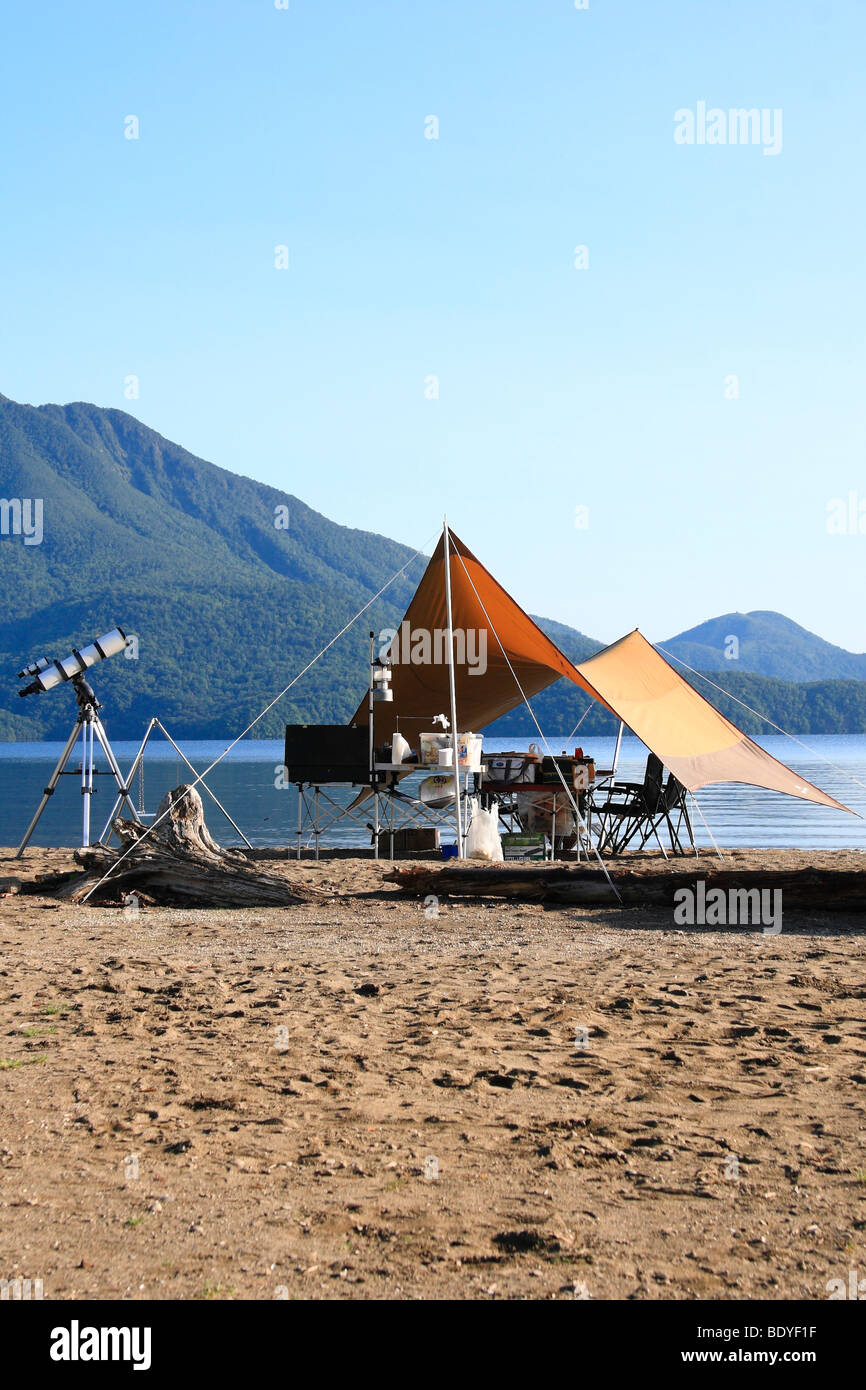 Camping tarp on the beach at the Lake Shikotsuko, Hokkaido Japan ...