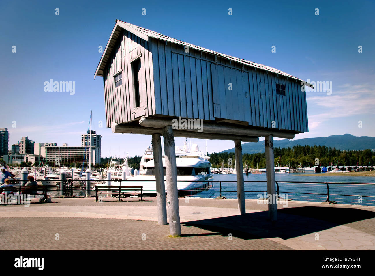 Wooden house or shack on stilts at Coal Harbour Vancouver Stock Photo ...