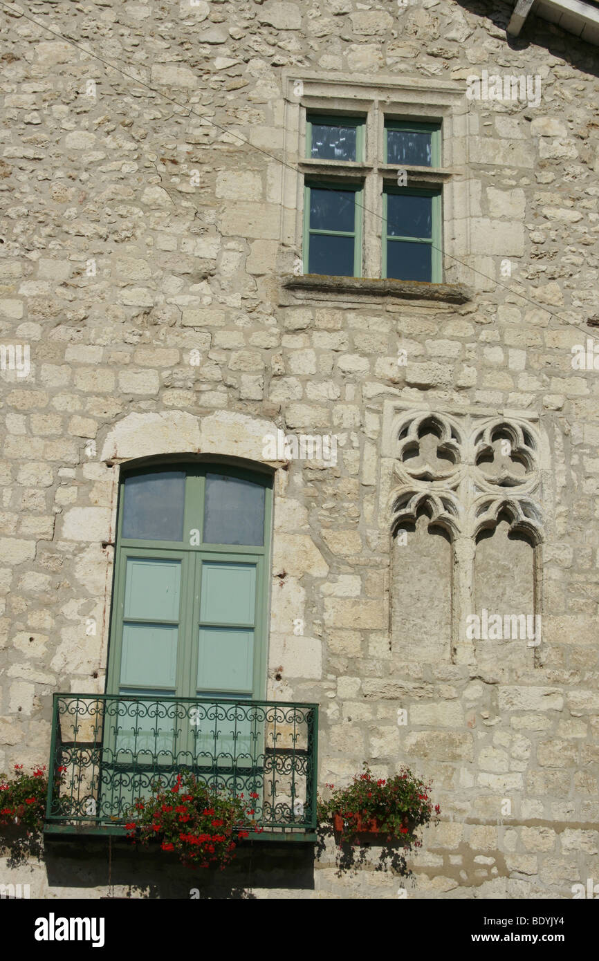 Facade of a house in the main square of the Bastide of Eymet, Dordogne ...