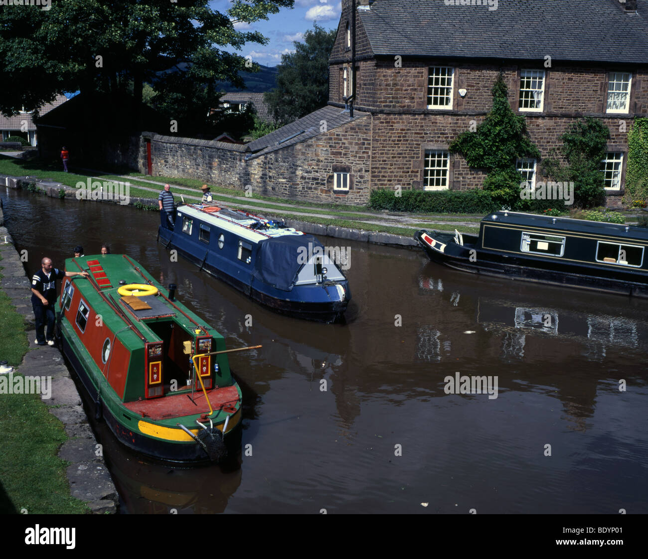 Narrow boats at Marple Locks on The Peak Forest Canal Marple Cheshire ...