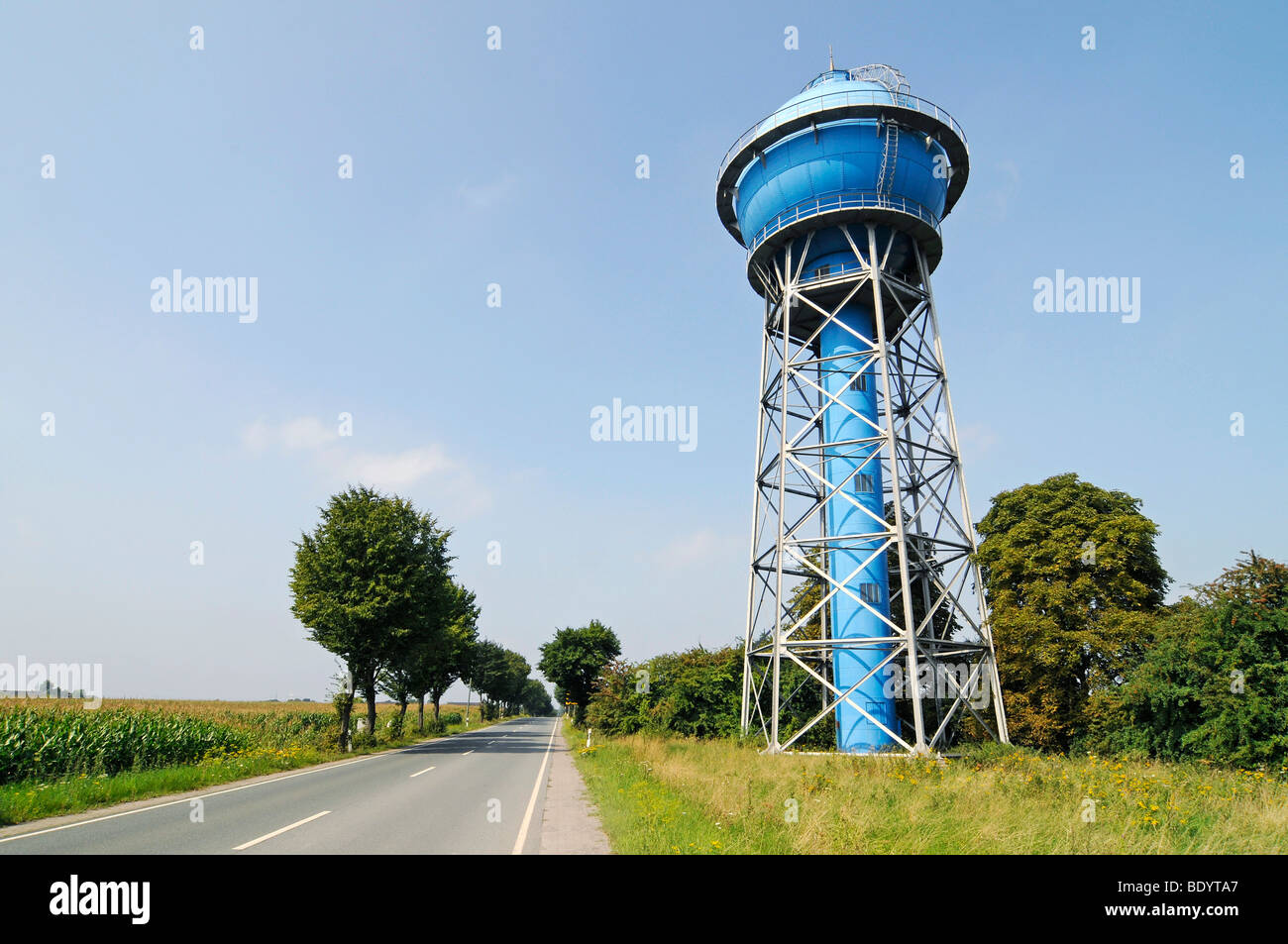 Historic water tower, industrial monument, street, Ahlen, Muensterland ...