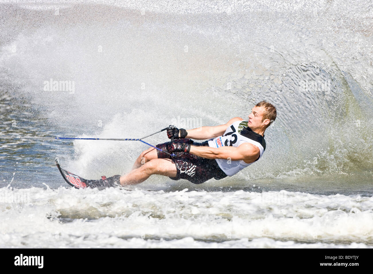 Sebastian Haugaard, Denmark, high speed slalom waterskier Stock Photo ...