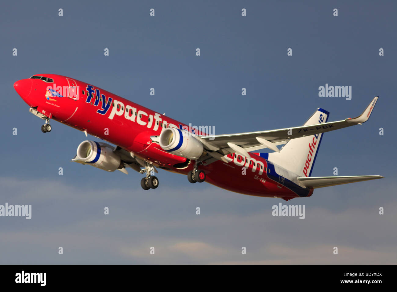 Boeing 737 Fly Pacific Blue jet aircraft taking off from Christchurch ...