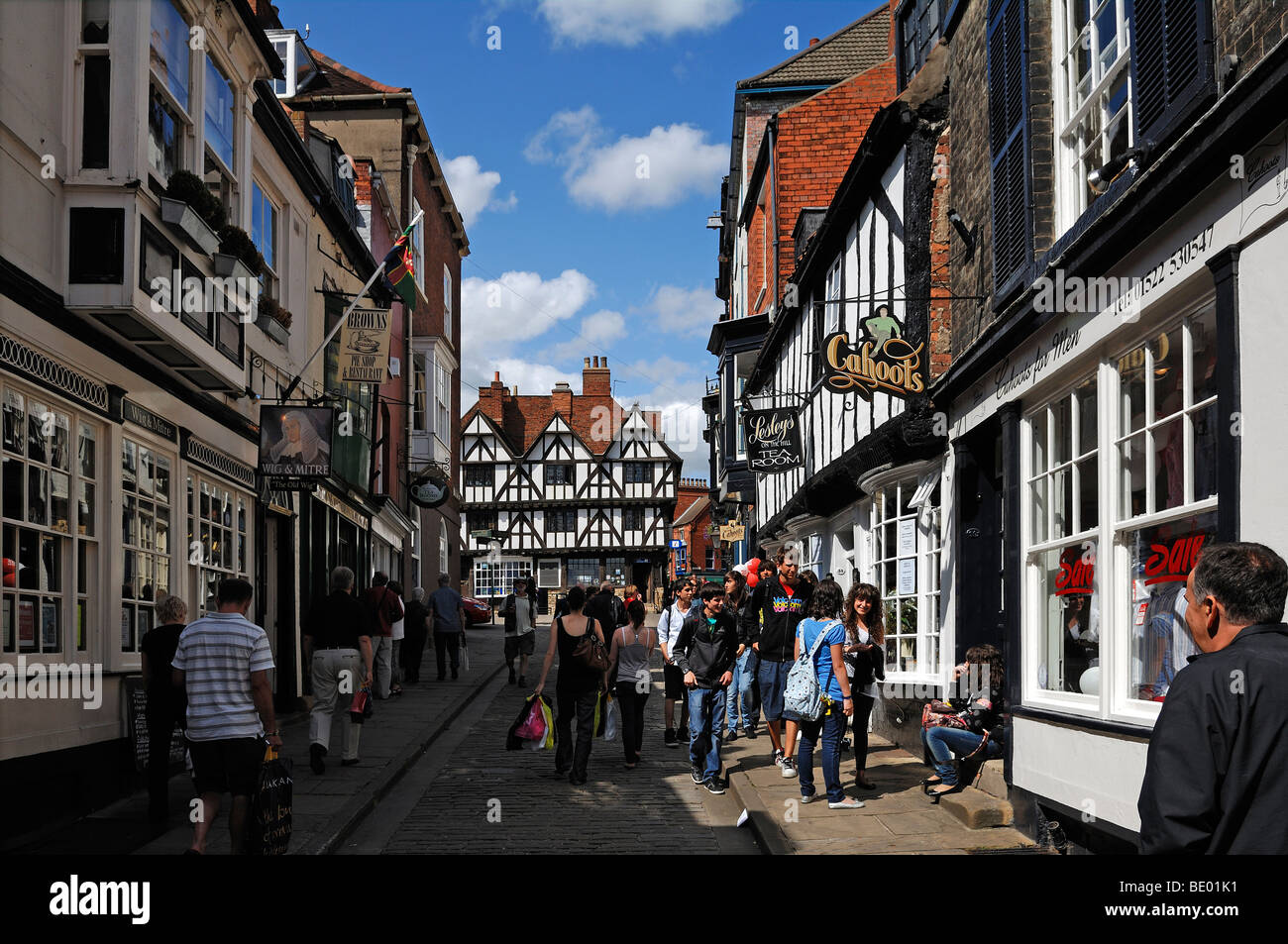 Old shopping street with old houses, Steep Hill, Lincoln, Lincolnshire ...