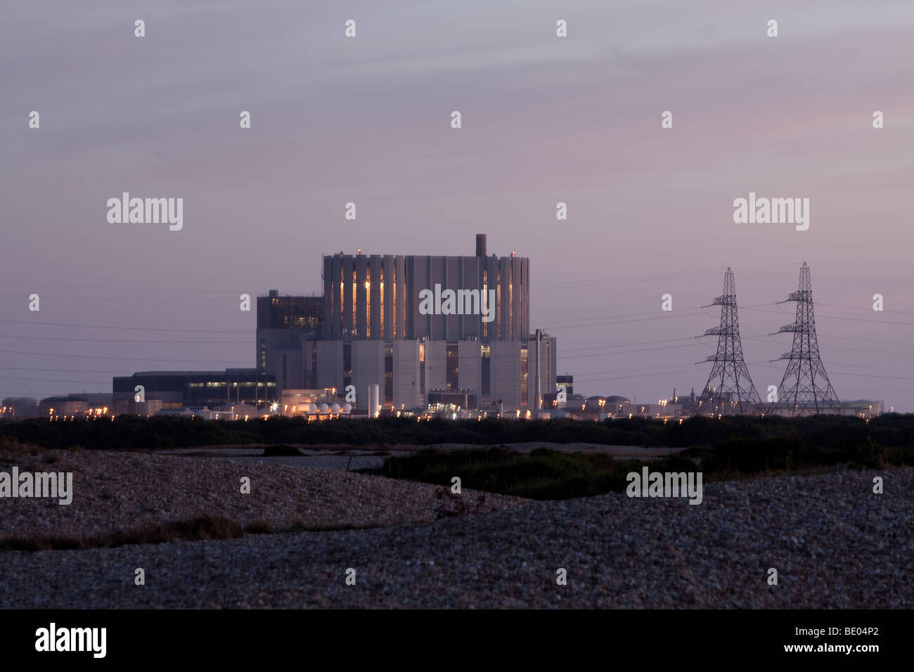 Graphic image of Dungeness B nuclear power station at dusk showing the ...