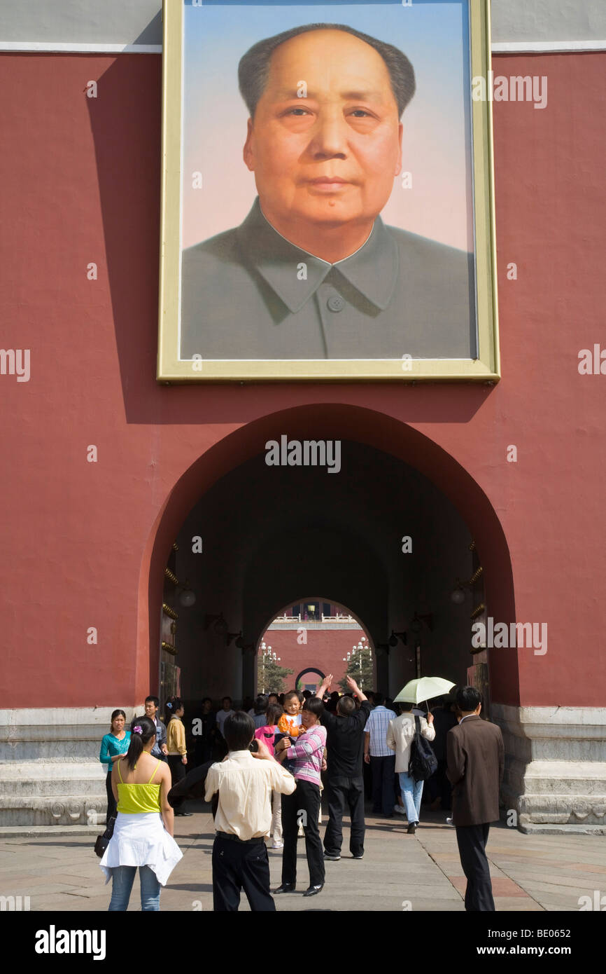 China, Beijing, Tian'anmen, the portrait of Mao Zedong towering over ...