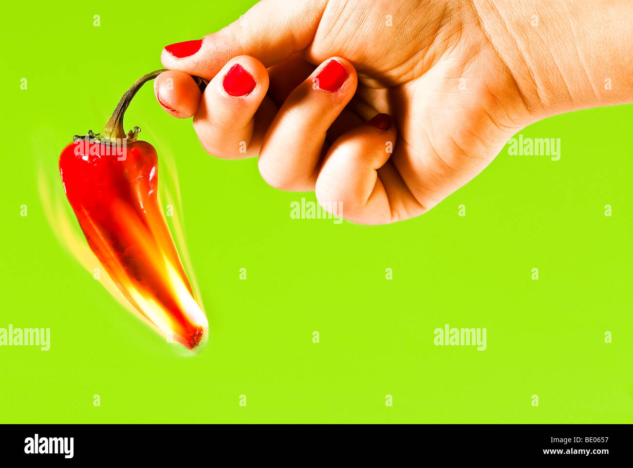 A female hand hold a flaming red chili pepper against a lime green ...
