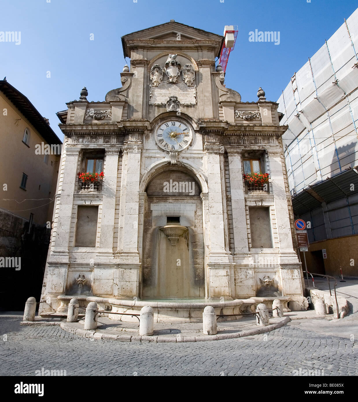 The Piazza Del Mercato Clock Tower and Fountain in the town of Spoleto ...