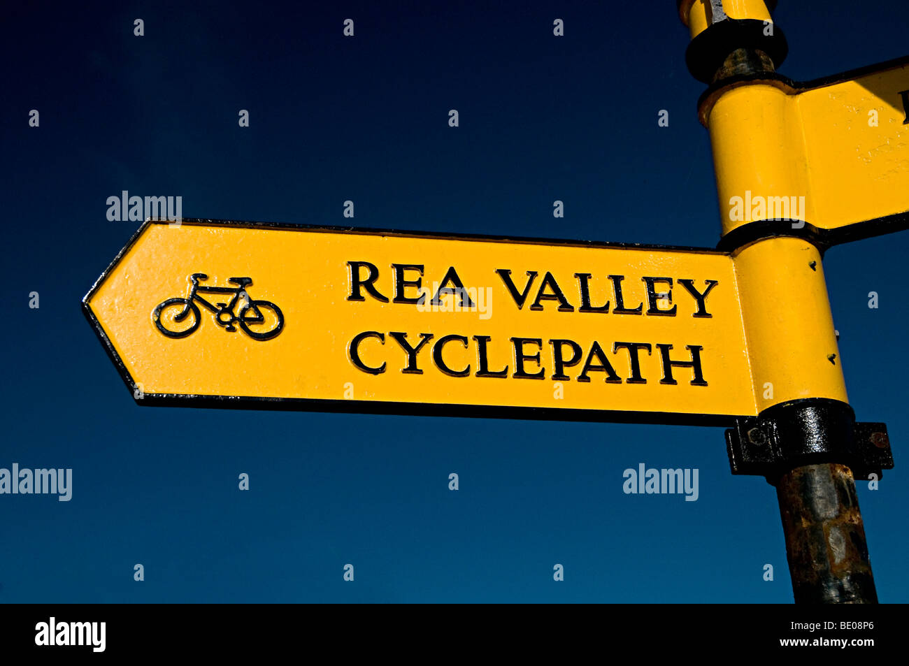 rea valley cycle path sign in Birmingham on a deep blue sky in cannon ...