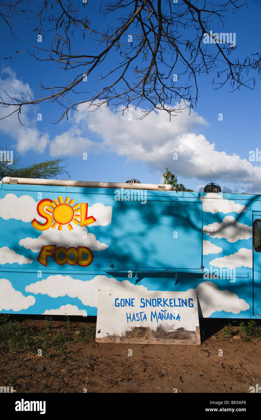Usa, Caribbean, Puerto Rico, Vieques Island, Red Beach, Food stall ...