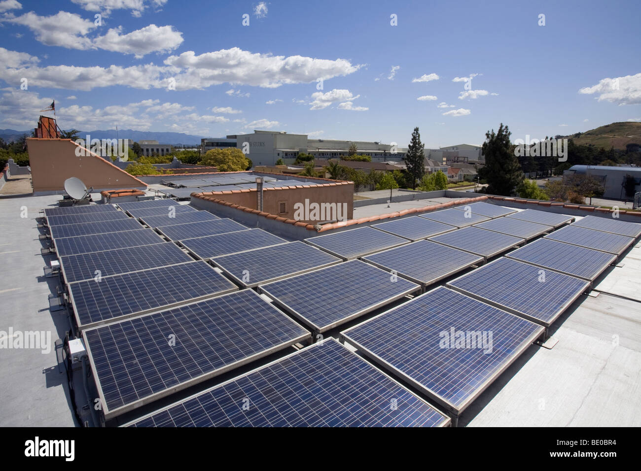 A roof mounted, grid tied Solar Voltaic solar panel array, Culver City ...