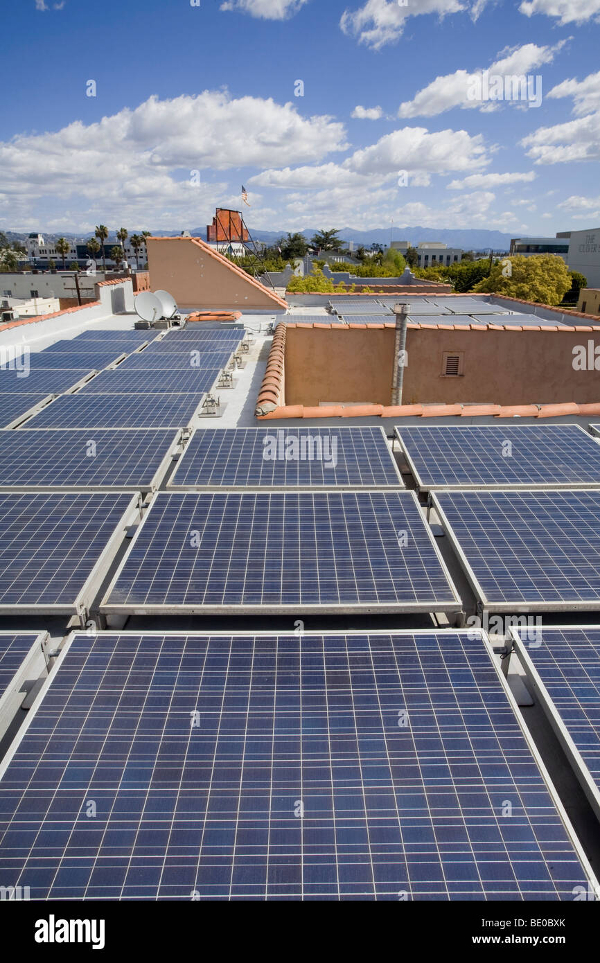 A roof mounted, grid tied Solar Voltaic solar panel array, Culver City ...