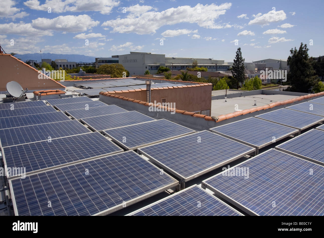 A roof mounted, grid tied Solar Voltaic solar panel array, Culver City ...