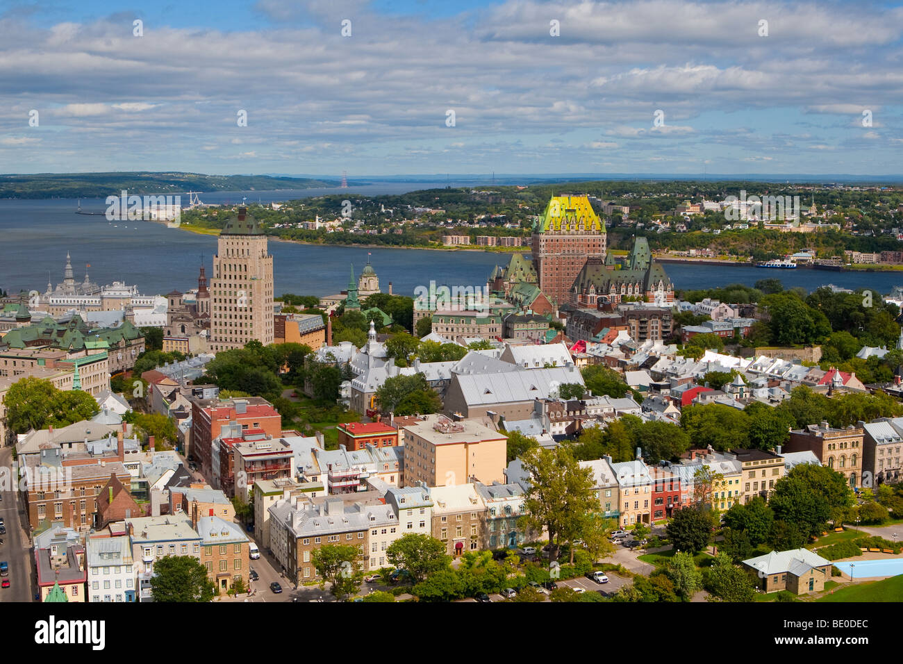 Aerial overview of the Vieux-Quebec (old-town district) in Quebec city ...
