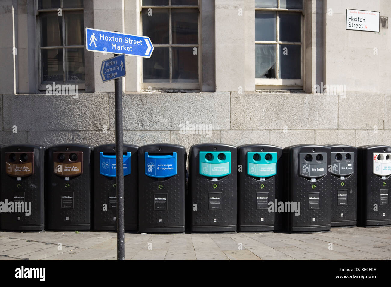 Street sign for Hoxton Street and market with recycling bins in the ...
