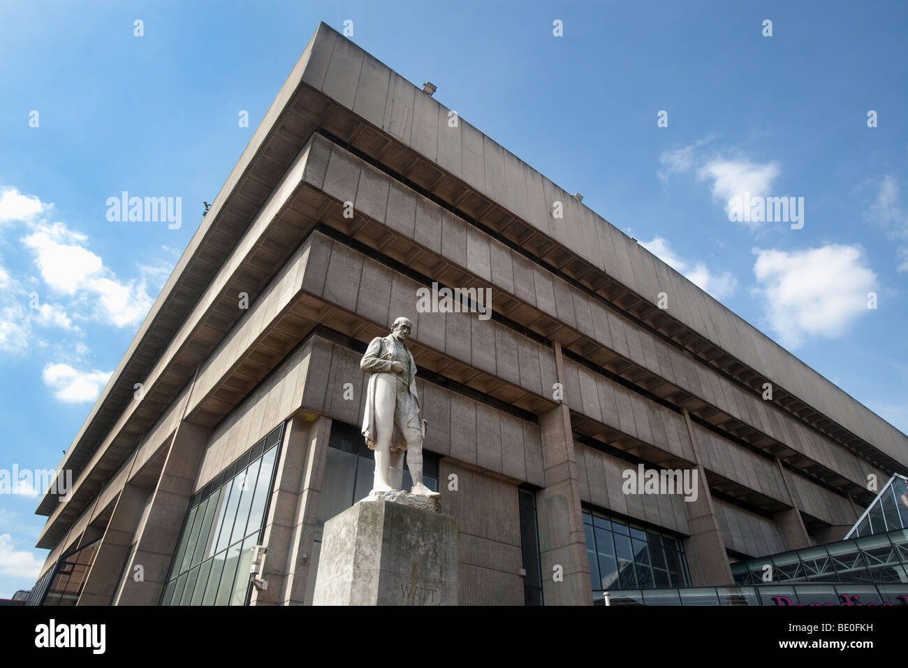 A statue of James Watt in front of The Central Library building ...