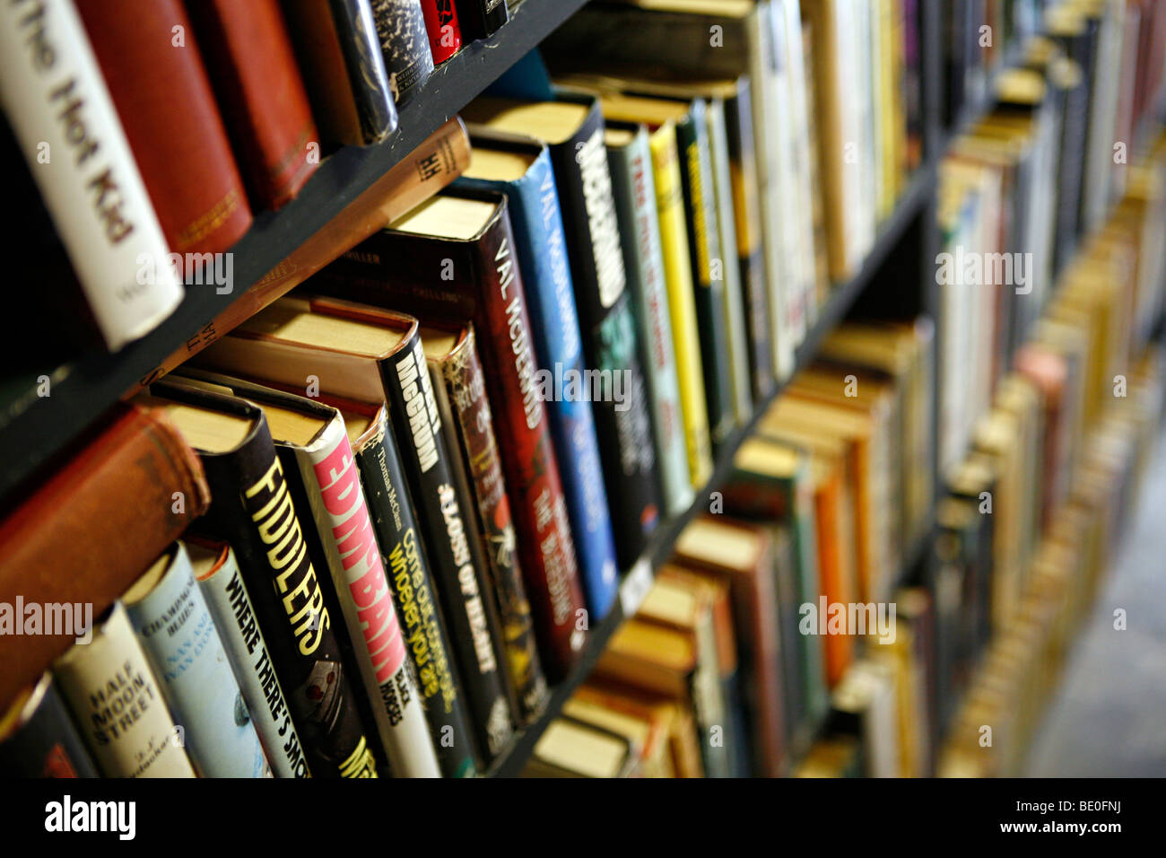 The inside of a book shop, all the book spines and shelfs Stock Photo ...