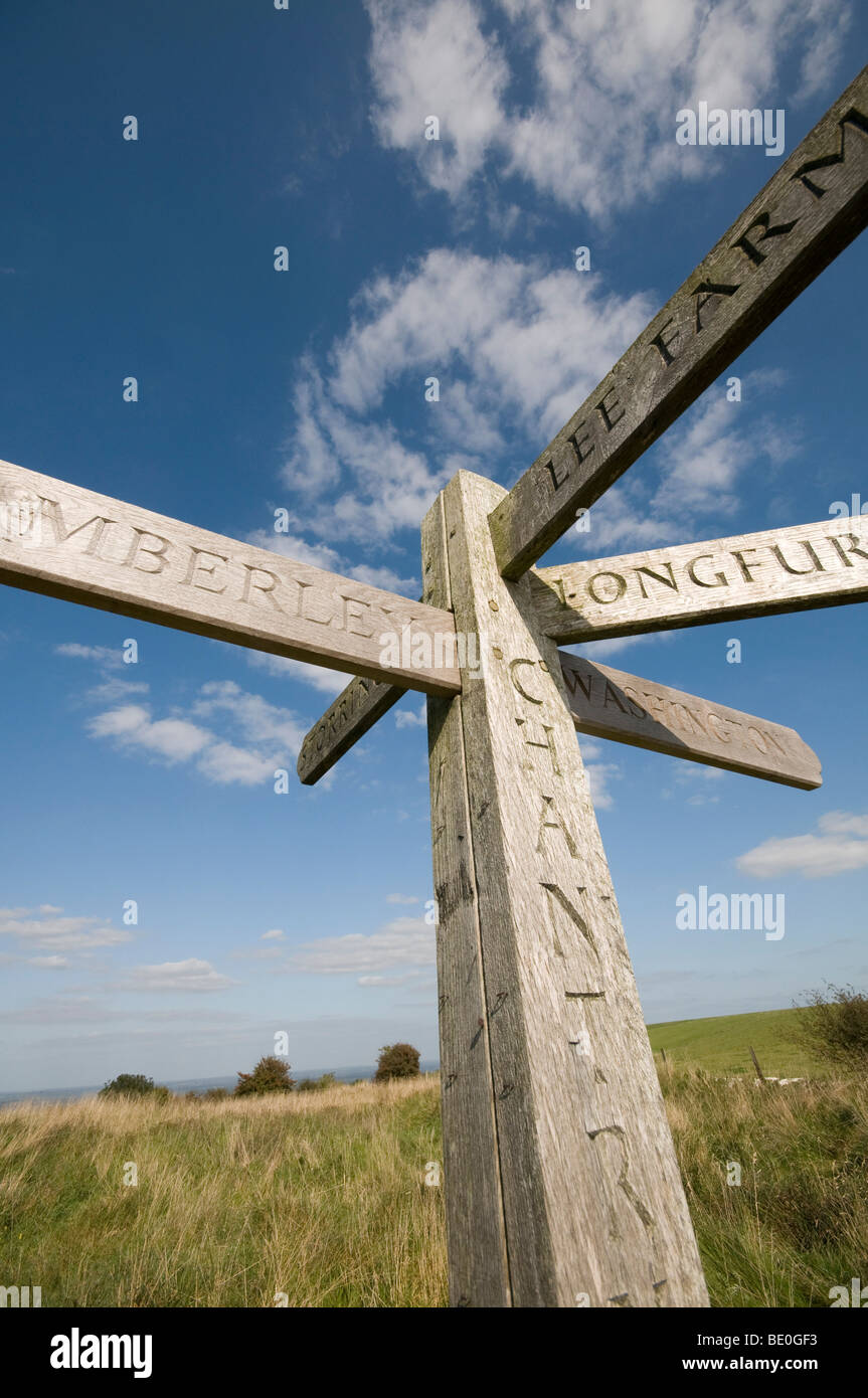 South Downs Sussex Downs old wooden signpost on the south downs for ...