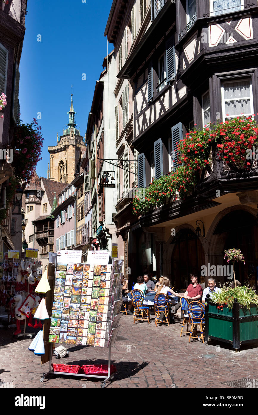 Tourists in a restaurant, Rue des Marchande, historic centre, Colmar ...