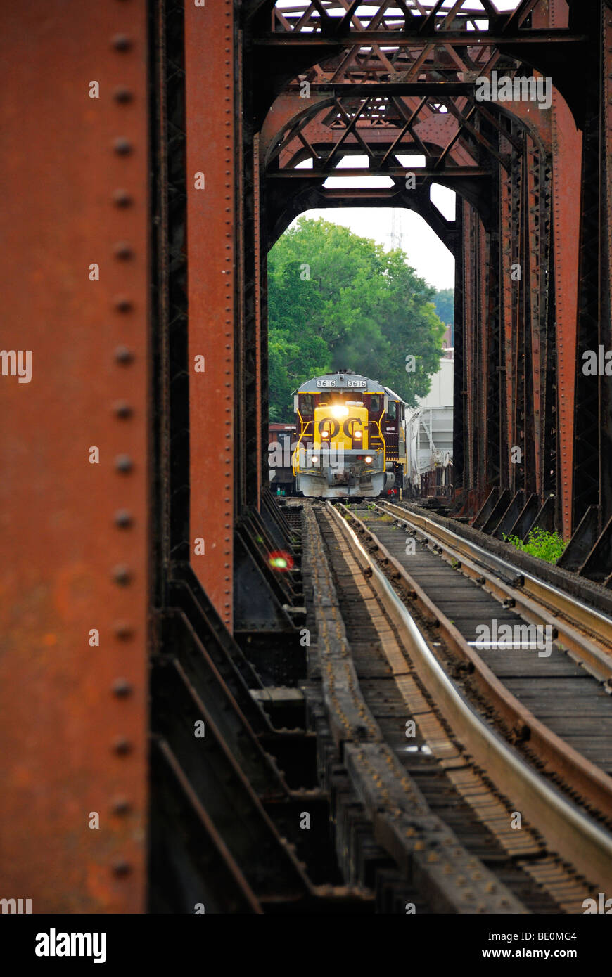 railroad Train engines on Trestle bridge tracks Stock Photo - Alamy