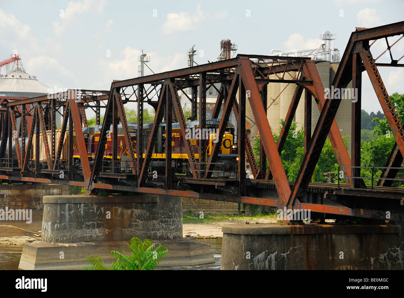 railroad Train engines on Trestle bridge tracks Stock Photo - Alamy