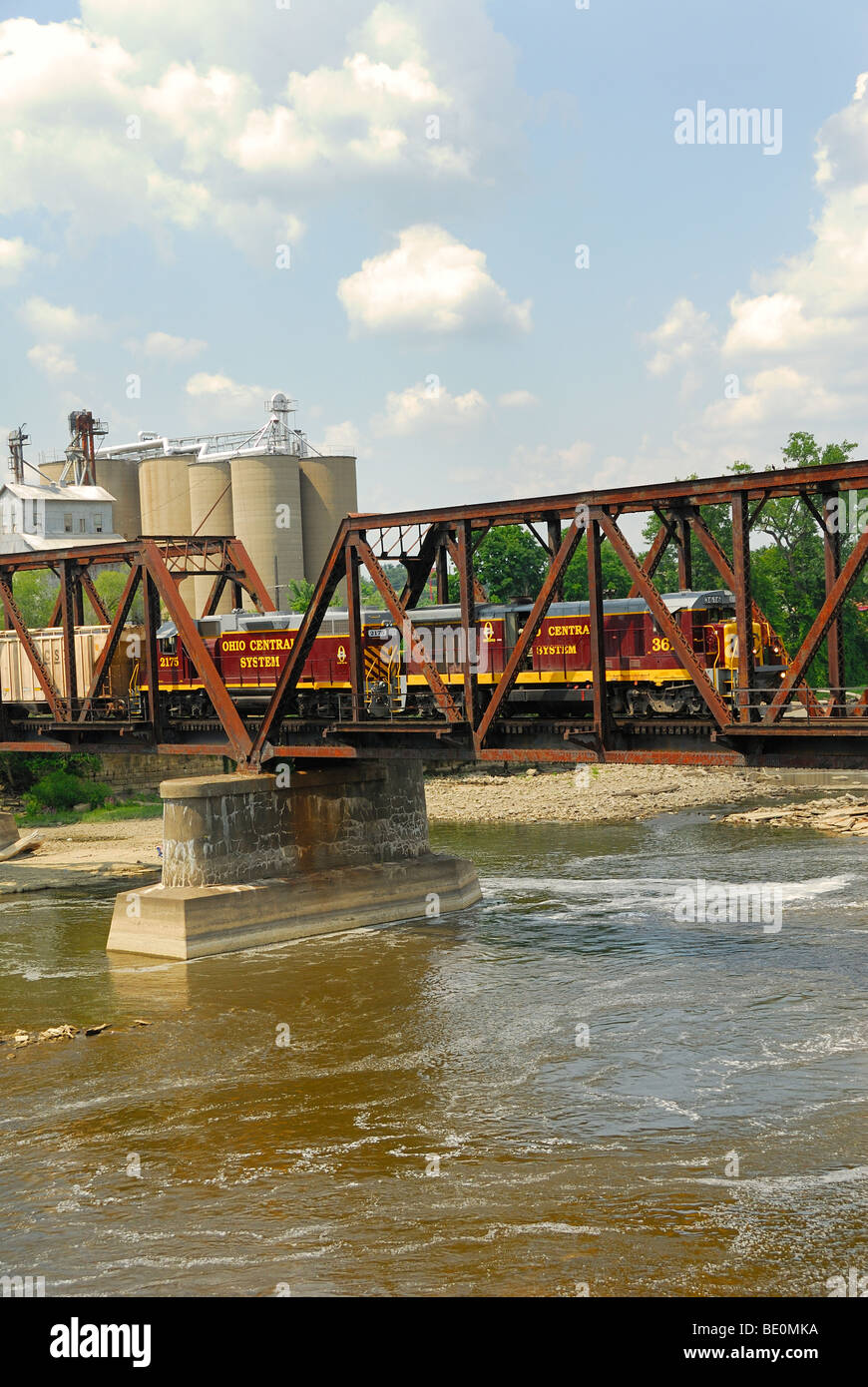 Ohio Central System Railroad engines on a trestle bridge over the ...