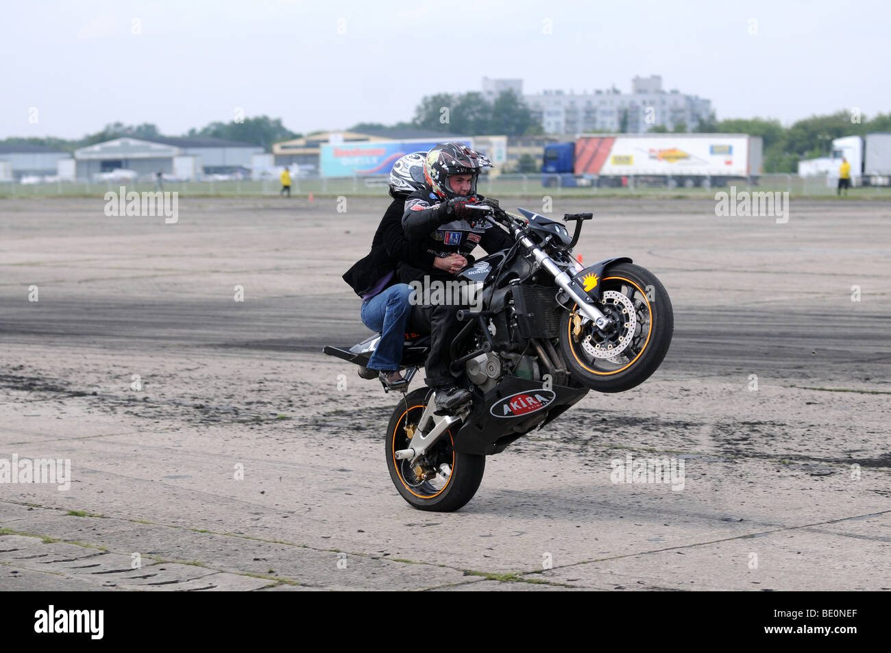 Streetbike freestyle stunt riders show in Warsaw, Poland Stock Photo ...