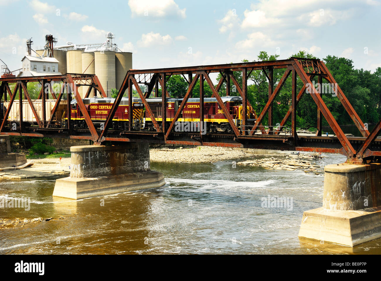 Ohio Central System Railroad engines on a trestle bridge over the ...