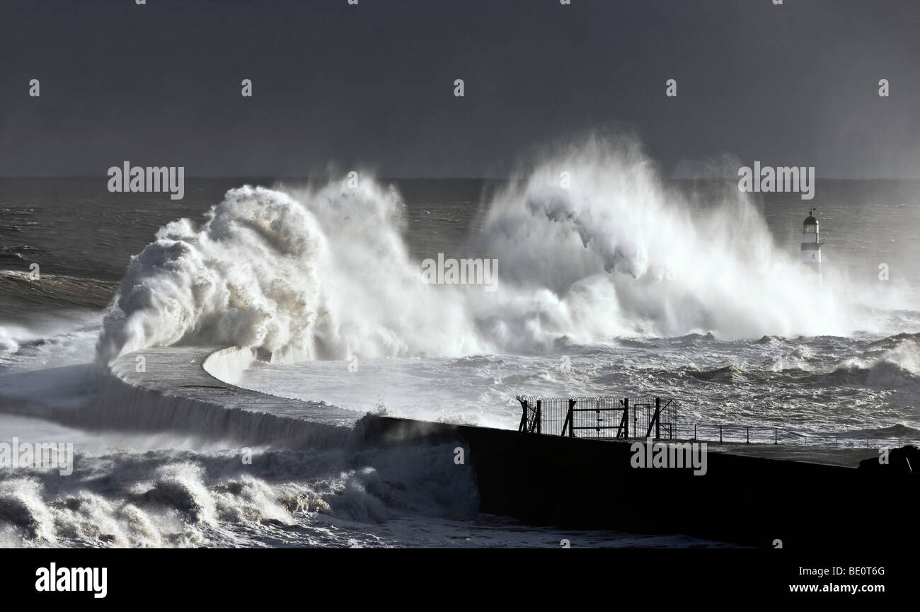 Seaham, England; Stormy waves pounding seawall Stock Photo - Alamy