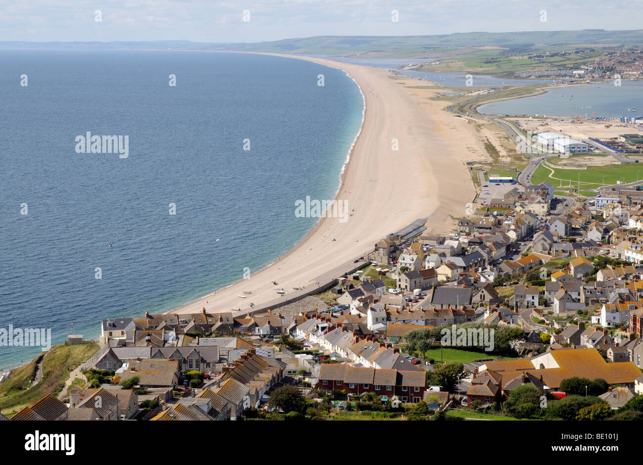 Portland town overlooking Chesil Beach and Portland Harbour Dorset ...
