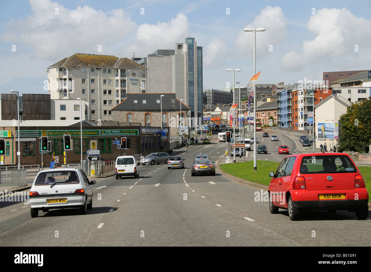 Three lane road on the approach to Plymouth city centre Devon England ...