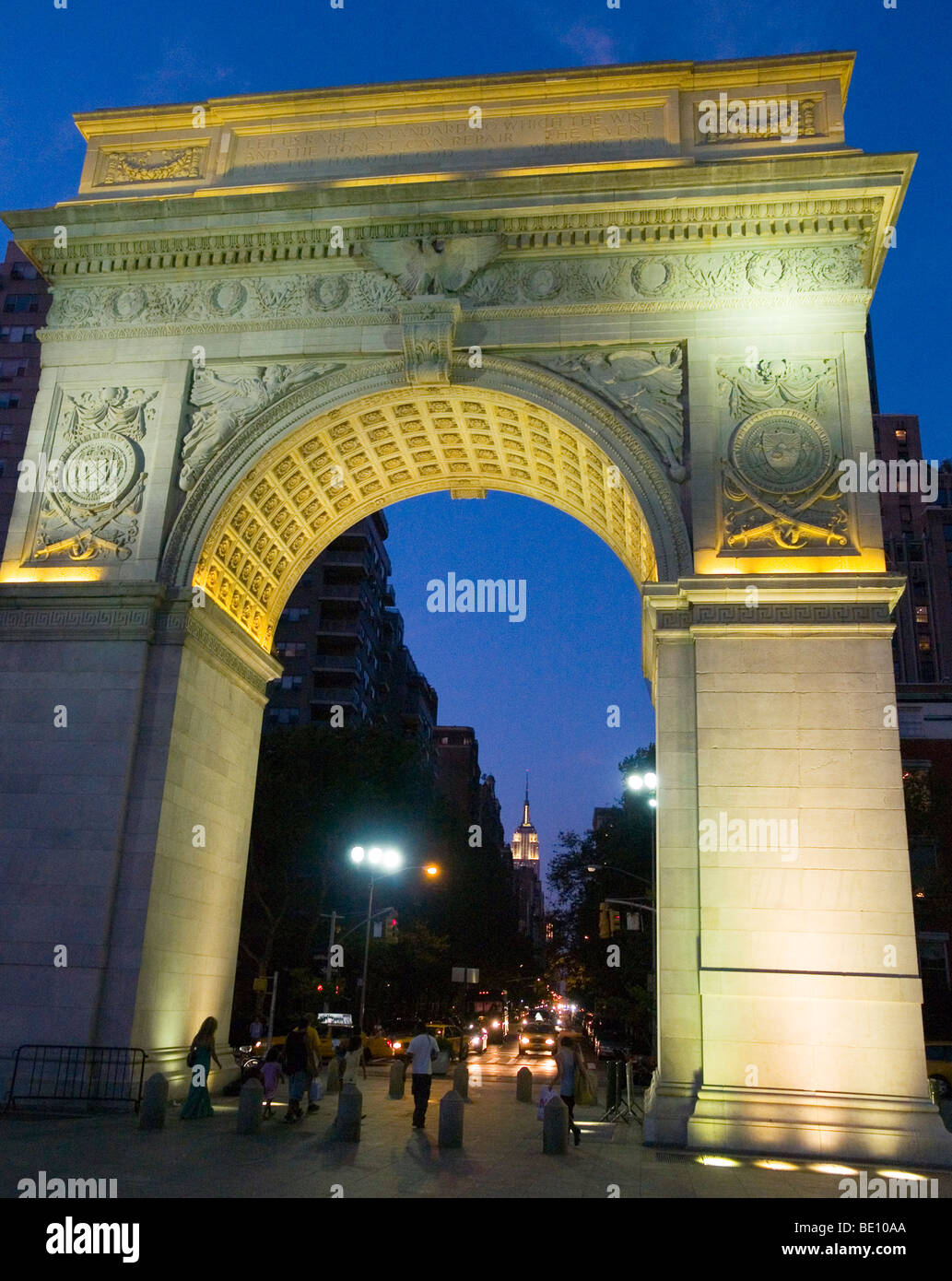 A view of the Washington Square Arch at dusk, in Washington Square Park ...