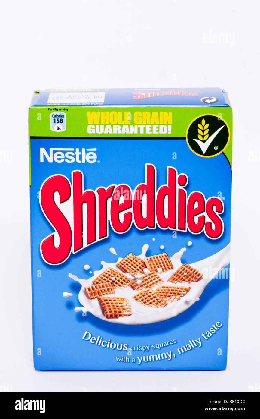 A close up of a mini packet of Nestle shreddies cereal on a white ...
